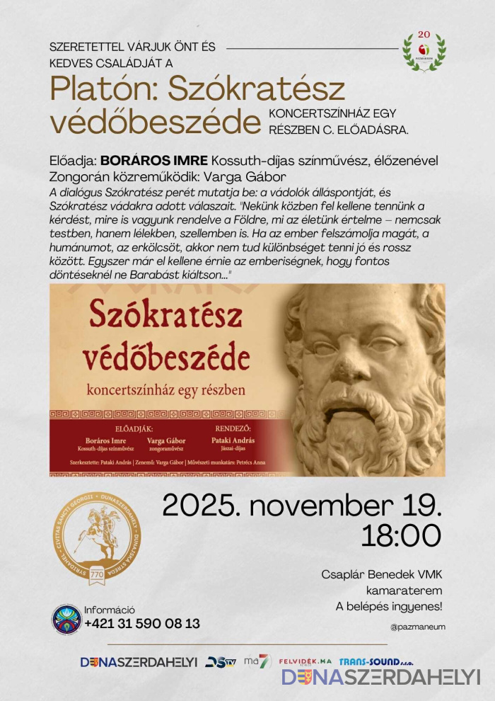 Sokratova obrana - Koncertné divadelné predstavenie Imre Borárosa | Dunajskostredský